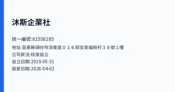 沐斯企業社的照片-統編 82558285(苗栗縣) 公司登記資料與營業項目詳細圖表
