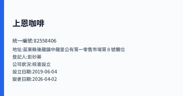 上恩咖啡的照片-統編 82558406(苗栗縣) 公司登記資料與營業項目詳細圖表