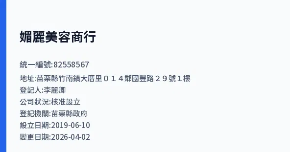 媚麗美容商行的照片-統編 82558567(苗栗縣) 公司登記資料與營業項目詳細圖表