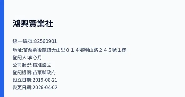 鴻興實業社的照片-統編 82560901(苗栗縣) 公司登記資料與營業項目詳細圖表