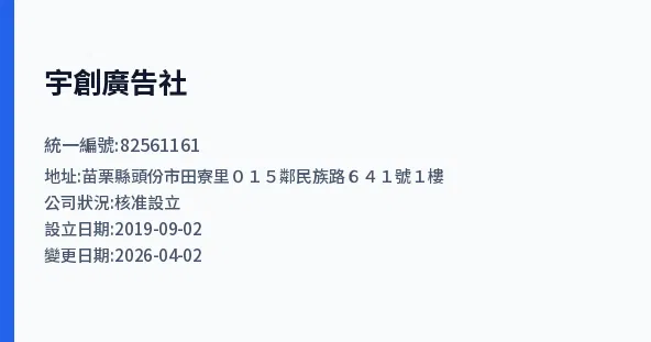 宇創廣告社的照片-統編 82561161(苗栗縣) 公司登記資料與營業項目詳細圖表