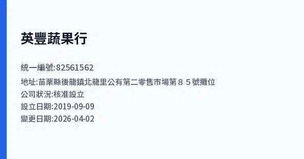 英豐蔬果行的照片-統編 82561562(苗栗縣) 公司登記資料與營業項目詳細圖表