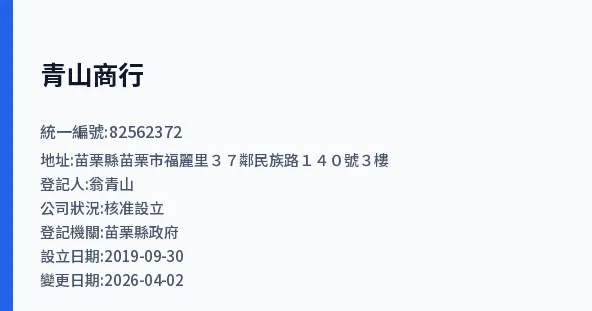 青山商行的照片-統編 82562372(苗栗縣) 公司登記資料與營業項目詳細圖表