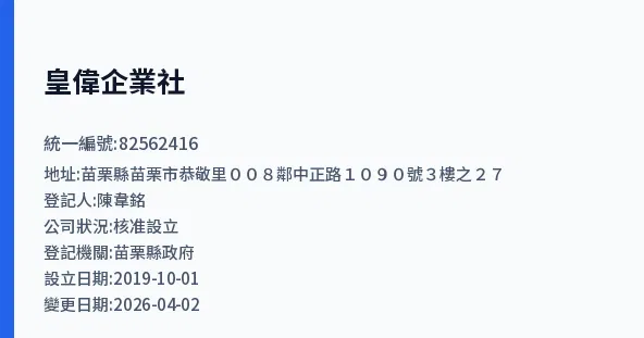 皇偉企業社的照片-統編 82562416(苗栗縣) 公司登記資料與營業項目詳細圖表
