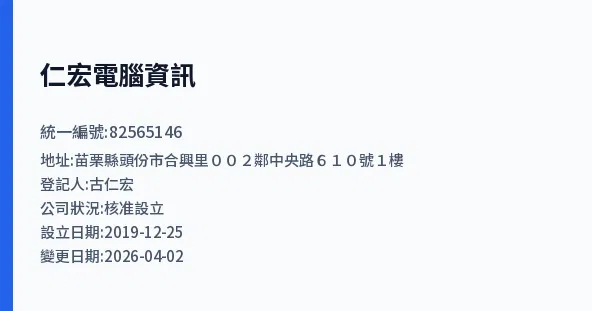 仁宏電腦資訊的照片-統編 82565146(苗栗縣) 公司登記資料與營業項目詳細圖表