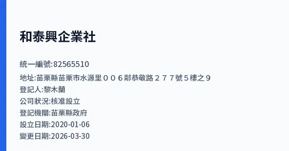 和泰興企業社的照片-統編 82565510(苗栗縣) 公司登記資料與營業項目詳細圖表
