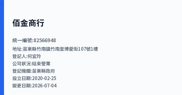 佰金商行的照片-統編 82566948(苗栗縣) 公司登記資料與營業項目詳細圖表
