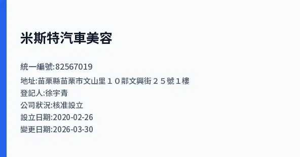 米斯特汽車美容的照片-統編 82567019(苗栗縣) 公司登記資料與營業項目詳細圖表
