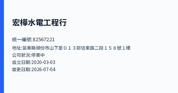 宏樺水電工程行的照片-統編 82567221(苗栗縣) 公司登記資料與營業項目詳細圖表