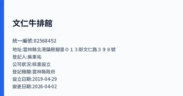 文仁牛排館的照片-統編 82568452(雲林縣) 公司登記資料與營業項目詳細圖表