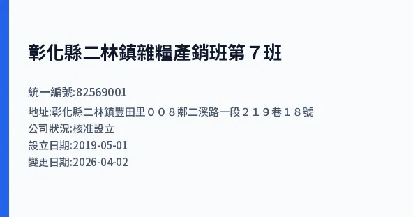 彰化縣二林鎮雜糧產銷班第7班的照片-統編 82569001(彰化縣) 公司登記資料與營業項目詳細圖表