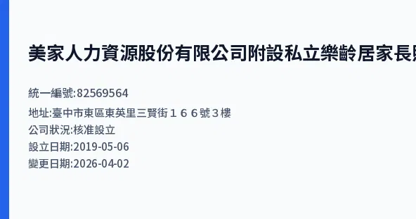 美家人力資源股份有限公司附設私立樂齡居家長照機構的照片-統編 82569564(臺中市) 公司登記資料與營業項目詳細圖表