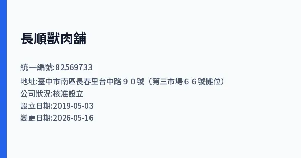 長順獸肉舖的照片-統編 82569733(臺中市) 公司登記資料與營業項目詳細圖表