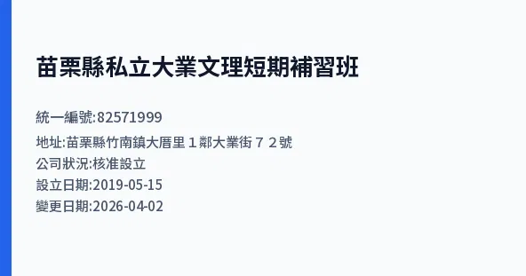 苗栗縣私立大業文理短期補習班的照片-統編 82571999(苗栗縣) 公司登記資料與營業項目詳細圖表