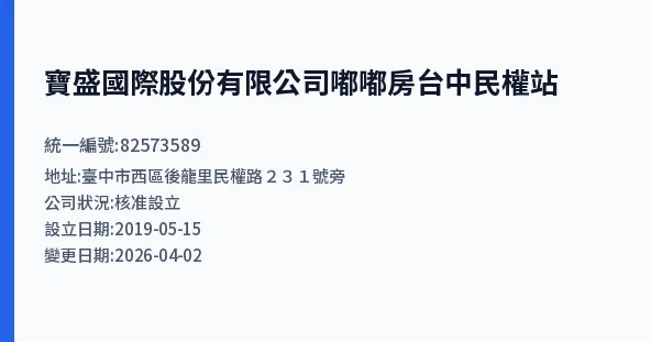 寶盛國際股份有限公司嘟嘟房台中民權站的照片-統編 82573589(臺中市) 公司登記資料與營業項目詳細圖表