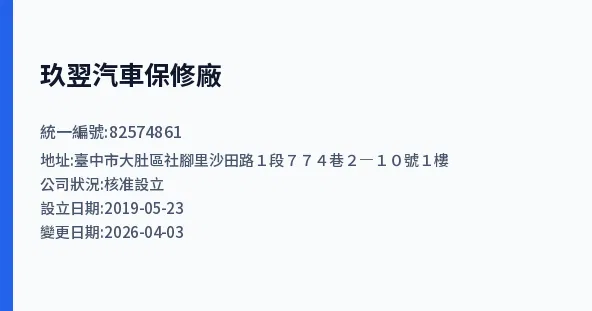 玖翌汽車保修廠的照片-統編 82574861(臺中市) 公司登記資料與營業項目詳細圖表