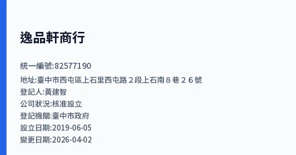 逸品軒商行的照片-統編 82577190(臺中市) 公司登記資料與營業項目詳細圖表