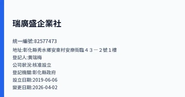瑞廣盛企業社的照片-統編 82577473(彰化縣) 公司登記資料與營業項目詳細圖表