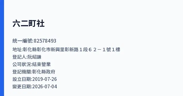 六二町社的照片-統編 82578493(彰化縣) 公司登記資料與營業項目詳細圖表