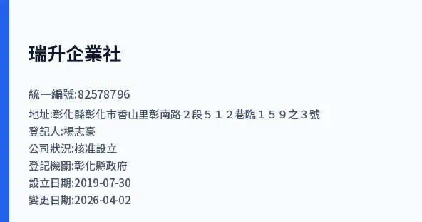 瑞升企業社的照片-統編 82578796(彰化縣) 公司登記資料與營業項目詳細圖表