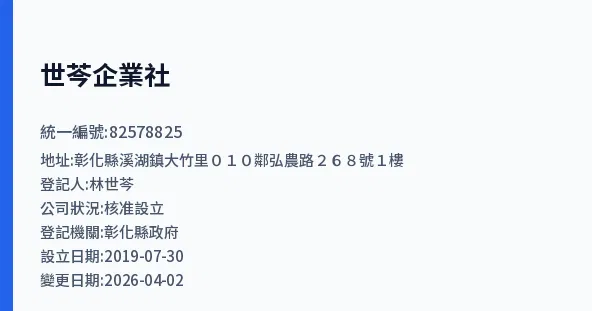 世芩企業社的照片-統編 82578825(彰化縣) 公司登記資料與營業項目詳細圖表