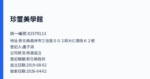 珍璽美學館的照片-統編 82579113(彰化縣) 公司登記資料與營業項目詳細圖表