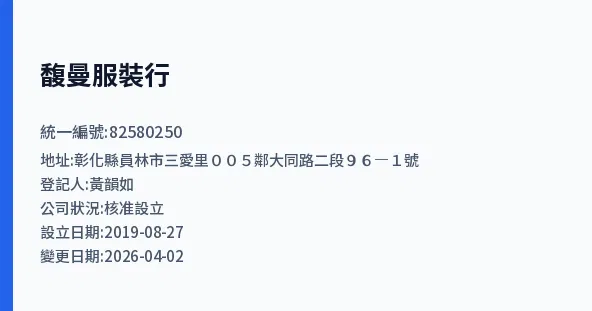 馥曼服裝行的照片-統編 82580250(彰化縣) 公司登記資料與營業項目詳細圖表