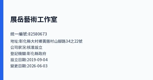 展岳藝術工作室的照片-統編 82580673(彰化縣) 公司登記資料與營業項目詳細圖表