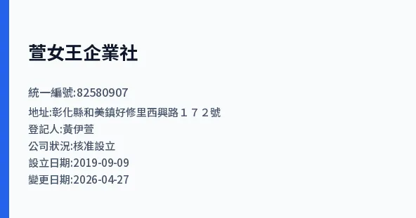 萱女王企業社的照片-統編 82580907(彰化縣) 公司登記資料與營業項目詳細圖表