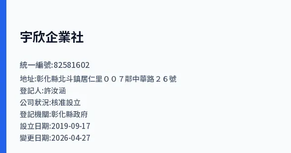 宇欣企業社的照片-統編 82581602(彰化縣) 公司登記資料與營業項目詳細圖表
