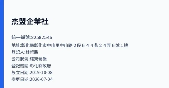 杰盟企業社的照片-統編 82582546(彰化縣) 公司登記資料與營業項目詳細圖表