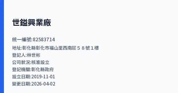 世鎰興業廠的照片-統編 82583714(彰化縣) 公司登記資料與營業項目詳細圖表