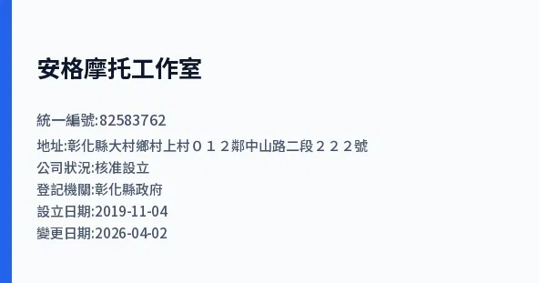 安格摩托工作室的照片-統編 82583762(彰化縣) 公司登記資料與營業項目詳細圖表