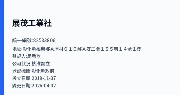 展茂工業社的照片-統編 82583806(彰化縣) 公司登記資料與營業項目詳細圖表