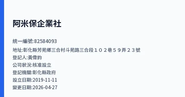 阿米保企業社的照片-統編 82584093(彰化縣) 公司登記資料與營業項目詳細圖表