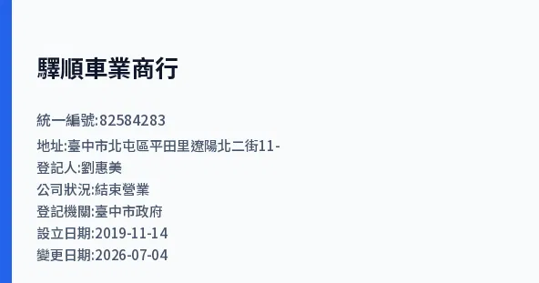 驛順車業商行的照片-統編 82584283(臺中市) 公司登記資料與營業項目詳細圖表