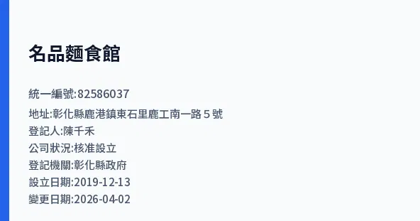 名品麵食館的照片-統編 82586037(彰化縣) 公司登記資料與營業項目詳細圖表