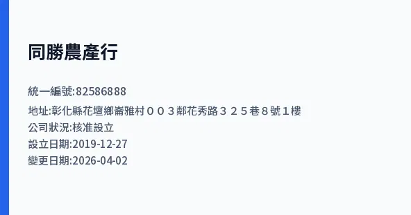 同勝農產行的照片-統編 82586888(彰化縣) 公司登記資料與營業項目詳細圖表
