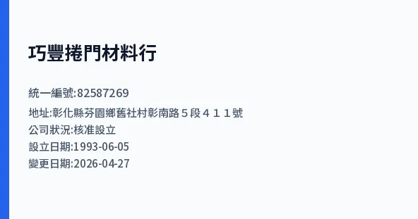 巧豐捲門材料行的照片-統編 82587269(彰化縣) 公司登記資料與營業項目詳細圖表