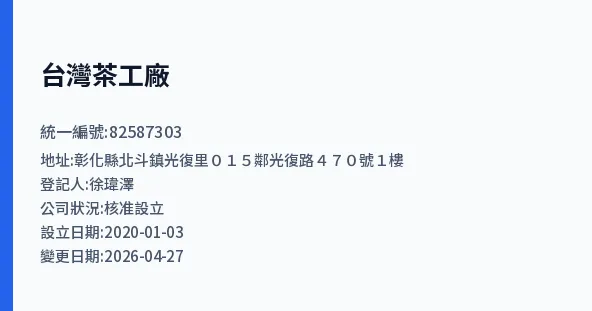 台灣茶工廠的照片-統編 82587303(彰化縣) 公司登記資料與營業項目詳細圖表