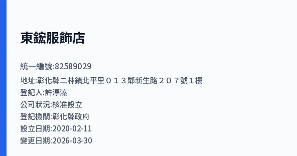 東鋐服飾店的照片-統編 82589029(彰化縣) 公司登記資料與營業項目詳細圖表