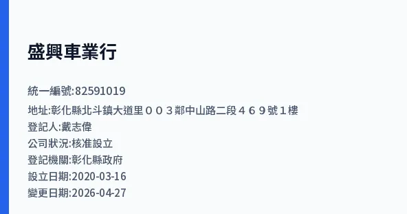盛興車業行的照片-統編 82591019(彰化縣) 公司登記資料與營業項目詳細圖表