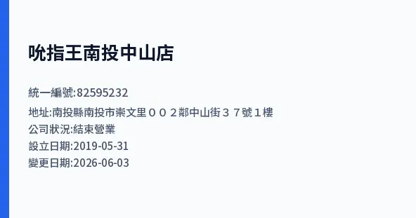 吮指王南投中山店的照片-統編 82595232(南投縣) 公司登記資料與營業項目詳細圖表