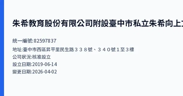 朱希教育股份有限公司附設臺中市私立朱希向上文理短期補習班的照片-統編 82597837(臺中市) 公司登記資料與營業項目詳細圖表