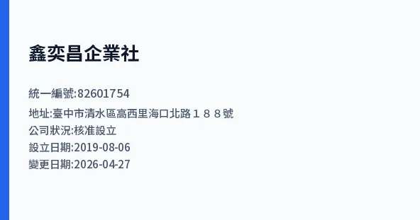 鑫奕昌企業社的照片-統編 82601754(臺中市) 公司登記資料與營業項目詳細圖表