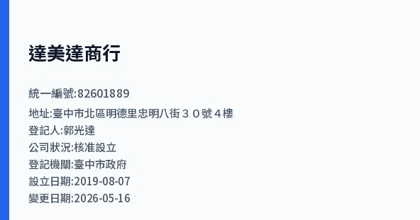 達美達商行的照片-統編 82601889(臺中市) 公司登記資料與營業項目詳細圖表