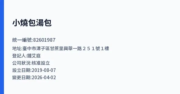 小燒包湯包的照片-統編 82601987(臺中市) 公司登記資料與營業項目詳細圖表