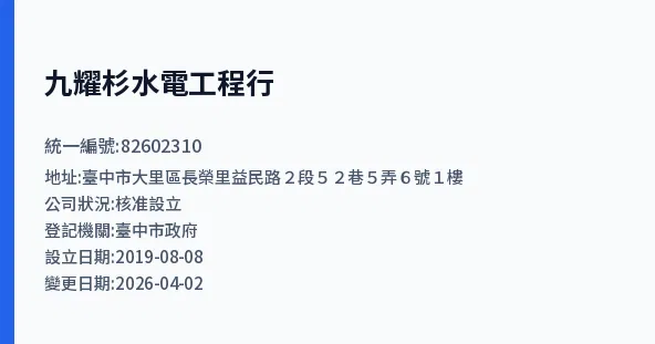 九耀杉水電工程行的照片-統編 82602310(臺中市) 公司登記資料與營業項目詳細圖表