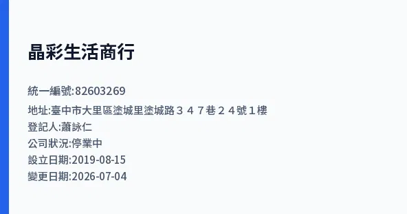晶彩生活商行的照片-統編 82603269(臺中市) 公司登記資料與營業項目詳細圖表
