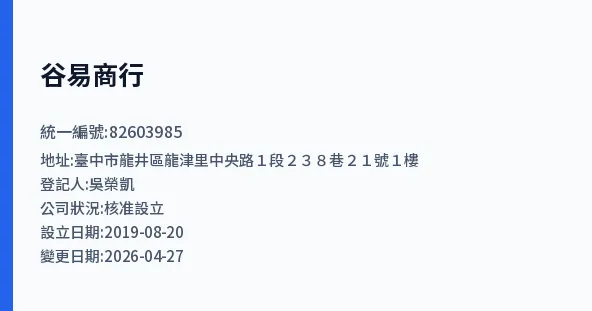 谷易商行的照片-統編 82603985(臺中市) 公司登記資料與營業項目詳細圖表